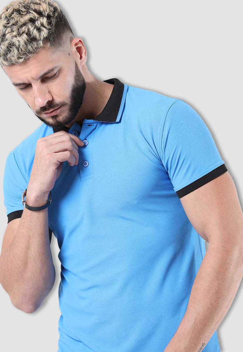 fanideaz Men's Blue Collar Premium Cotton Polo Turquoise with Black Co ...